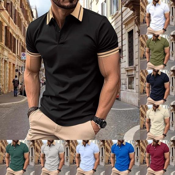 Blekii Men's Fashion Spring Summer Casual Short Sleeve Lapel Striped ...
