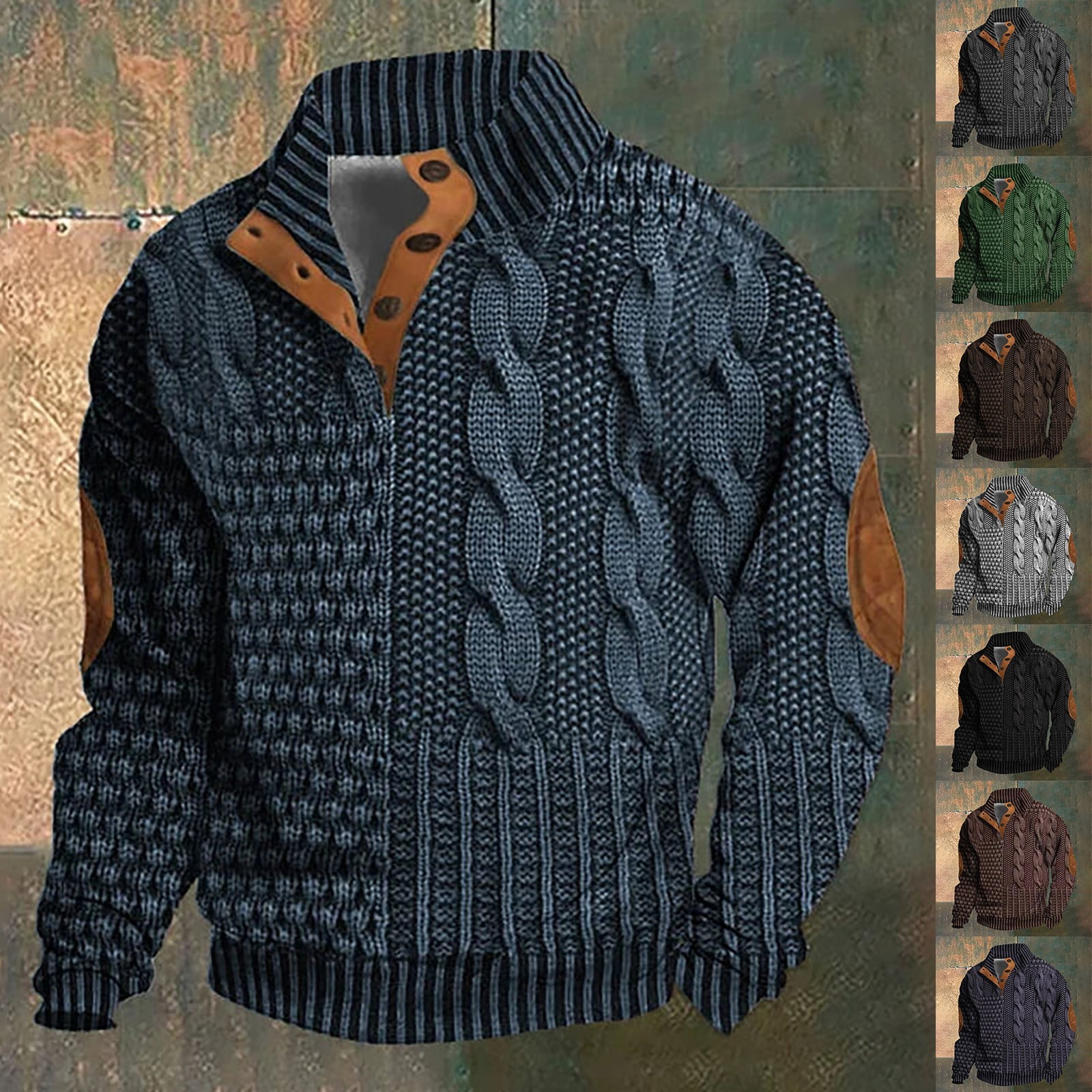 Blekii Men's Faux Knit Sweatshirt, Retro Stand Collar Pullover Top ...