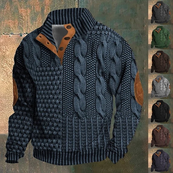 Blekii Men's Faux Knit Sweatshirt, Retro Stand Collar Pullover Top ...