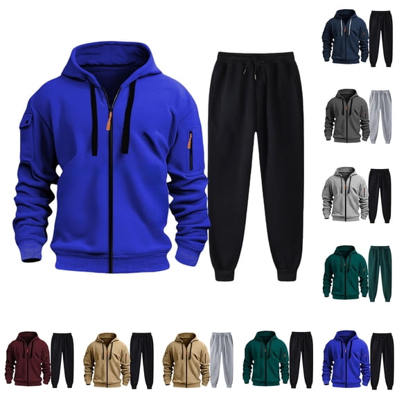 Blekii Men's Fleece-Lined Tracksuit Set, Hooded Zip-Up Sweatshirt ...