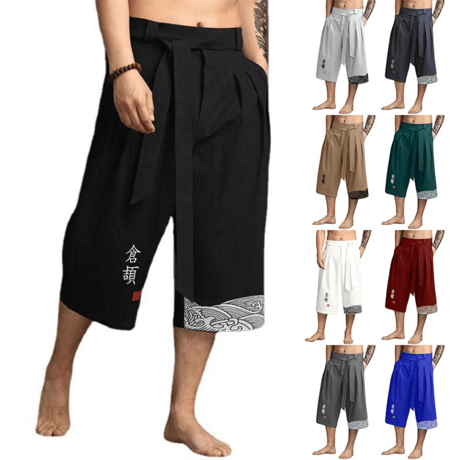 Blekii Men's Japanese Style Pants, Traditional Kimono Inspired Wide Leg ...