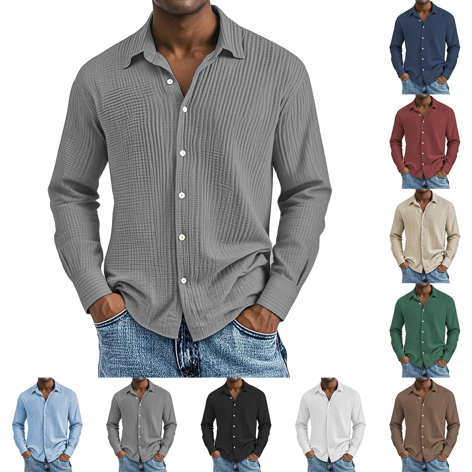 Blekii Men's Long Sleeve Cotton Casual Loose Comfortable Textured Shirt ...