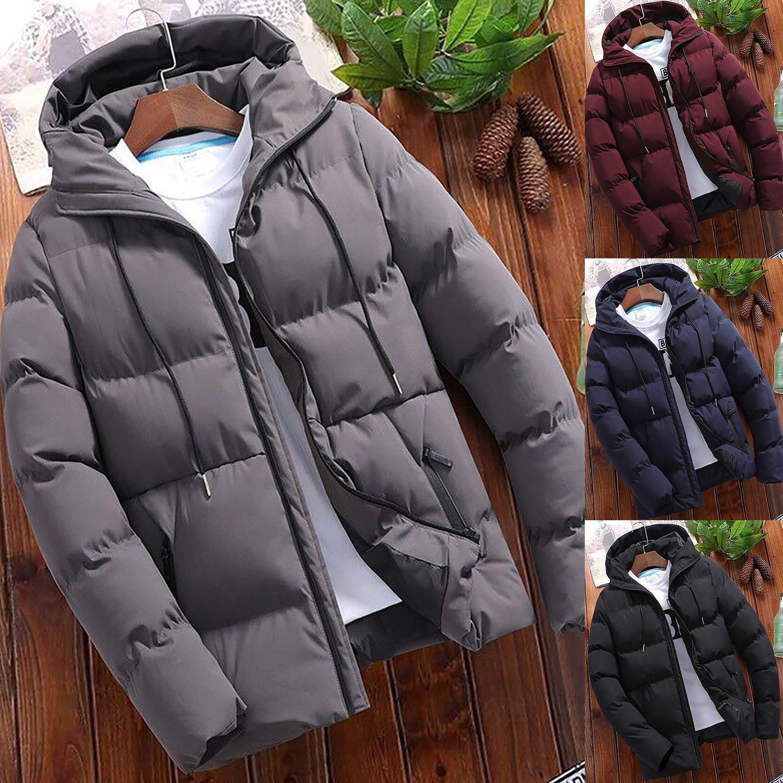 Blekii Men's Oversized Hooded Jacket, Solid Color Zip-Up Outdoor Coat ...