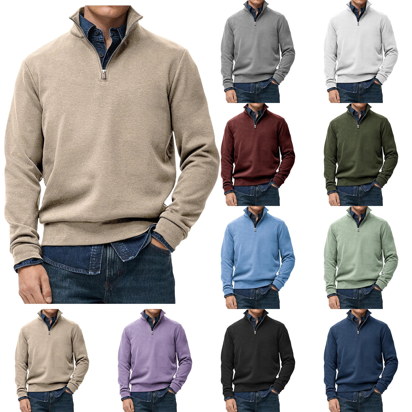 Blekii Men's Solid Color Half Zip Sweatshirt, Stand Collar Pullover Top ...