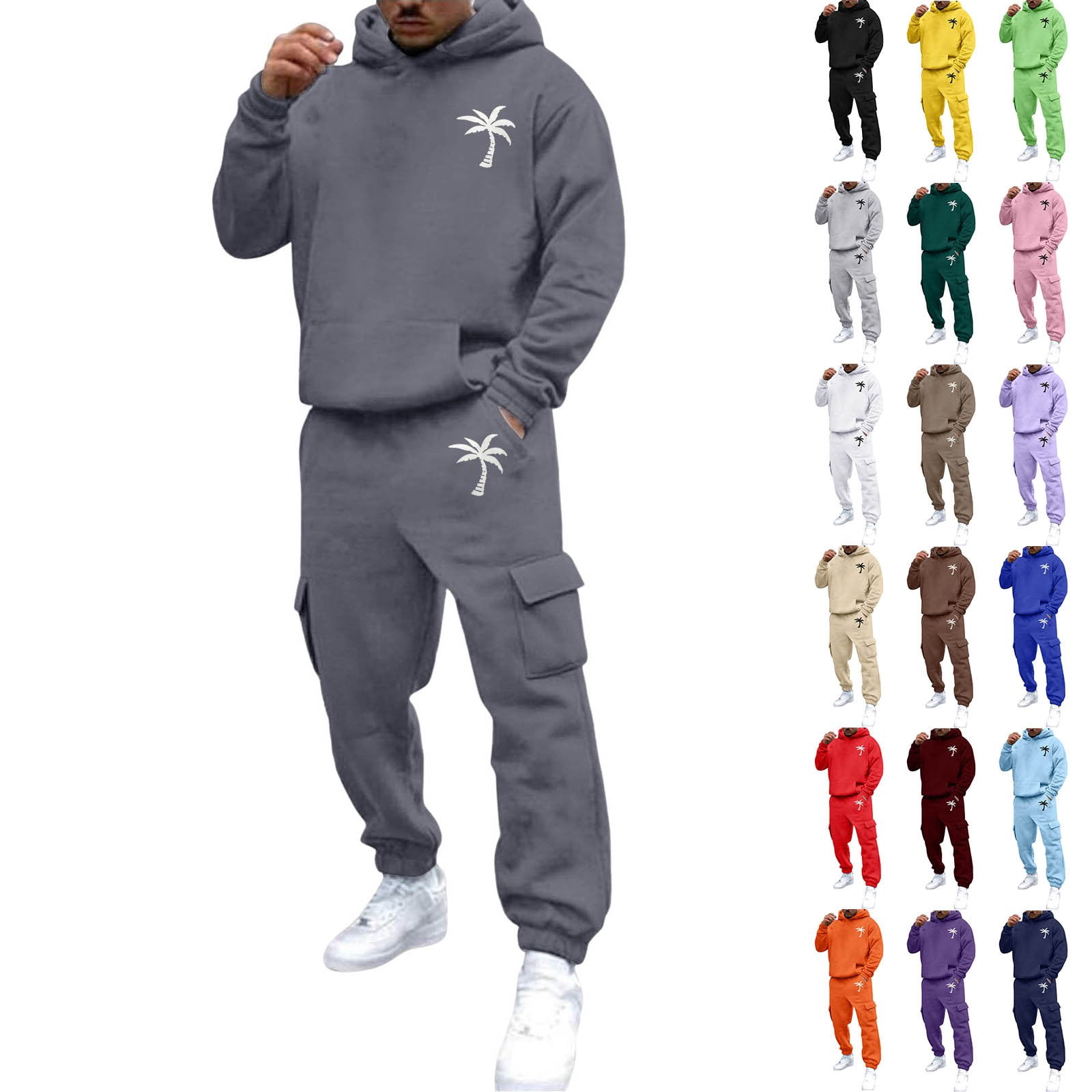 Blekii Men's Tropical Print Sweatsuit, Coconut Tree Hoodie & Pants Set ...