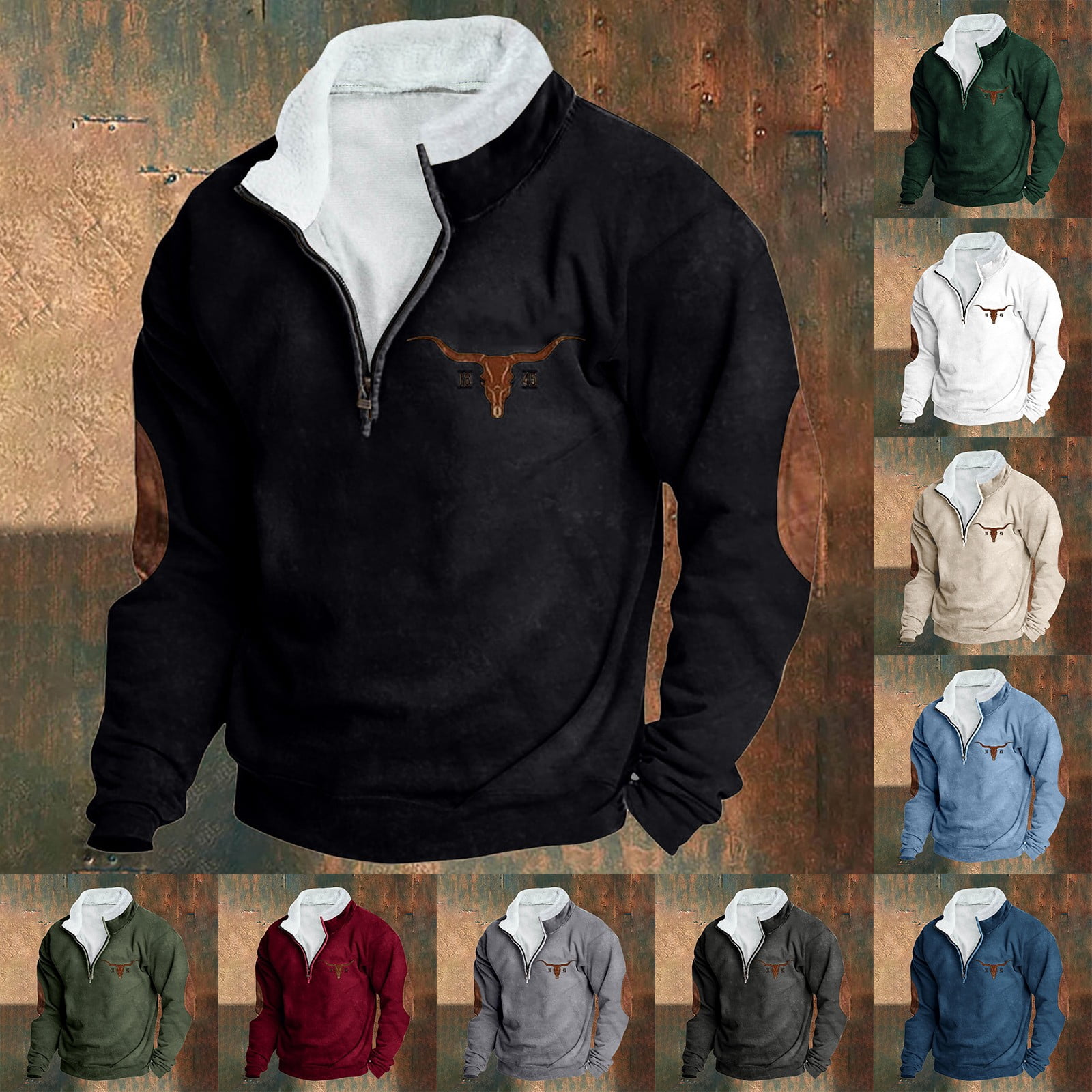 Blekii Men's Western Style Print Sweatshirt, Graphic Zip up Long Sleeve ...