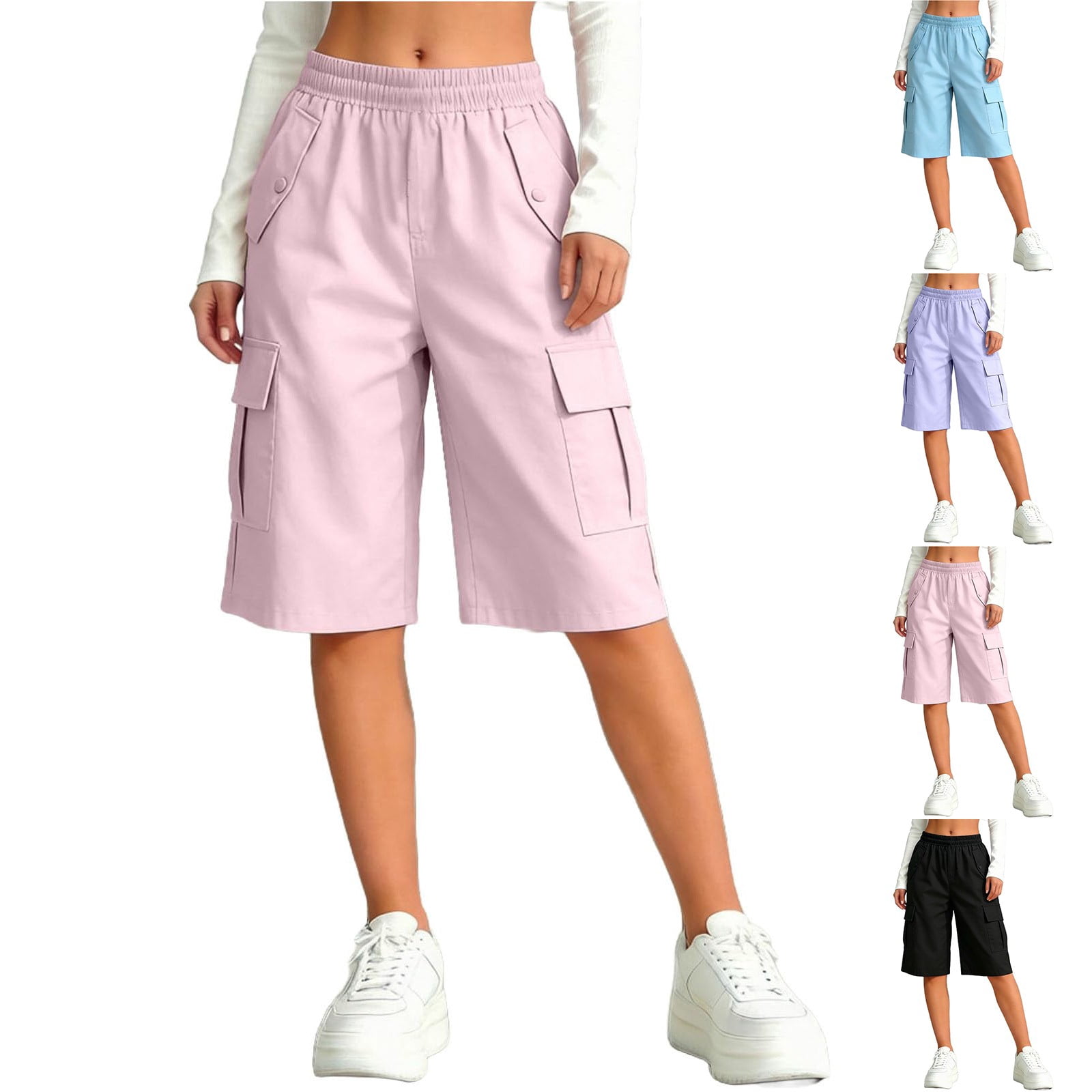 Blekii Petite Fit Knee Length Cargo Shorts Baggy Casual Summer High ...