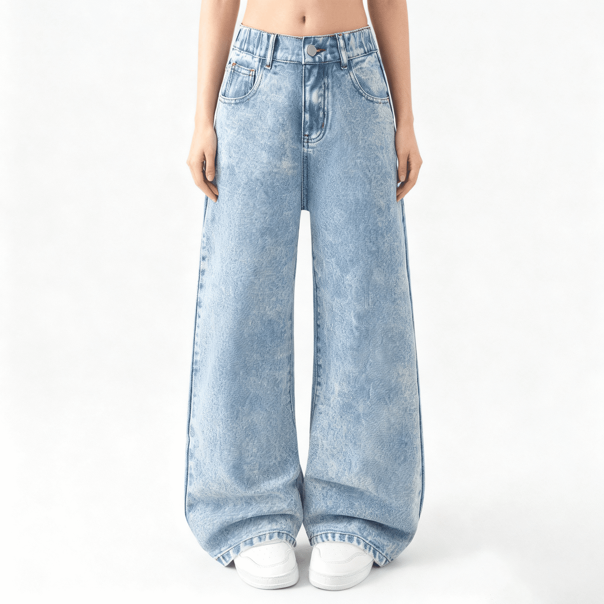 Blekii Snow Wash Denim Pants Pockets, Girls High Waist Wide Leg Jeans ...