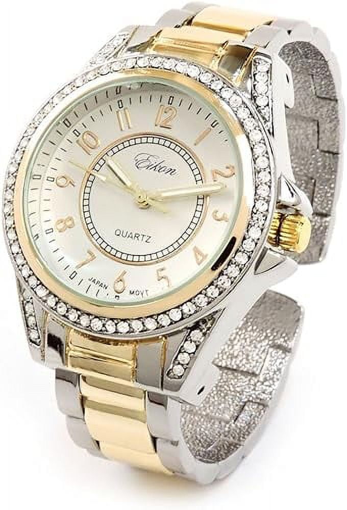 Blekon 2Tone Metal Band Crystal Bezel Large Face Women's Bangle Cuff ...