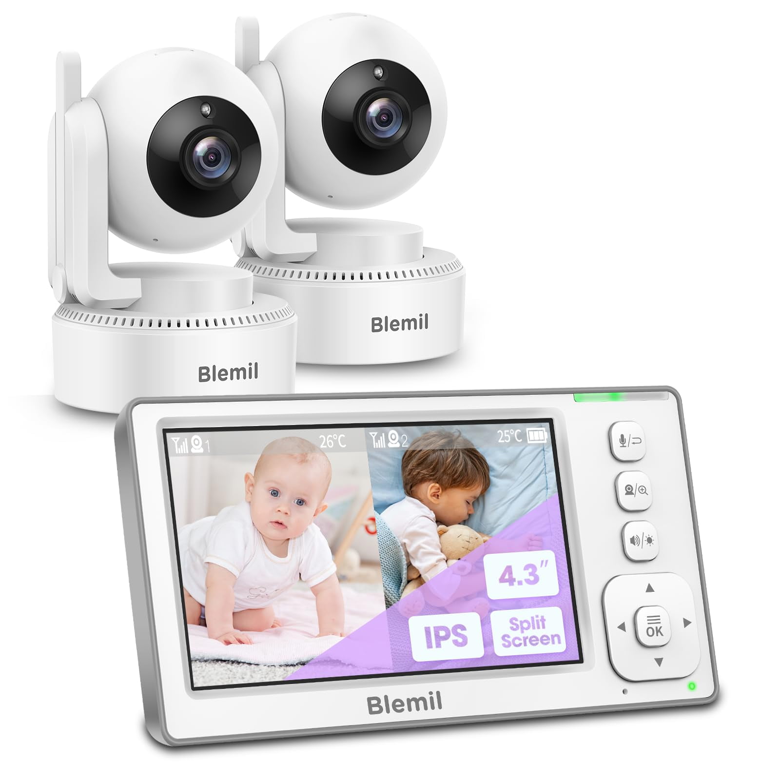 Blemil Baby Monitor with 2 Cameras and Audio, 4.3'' IPS Split-Screen ...