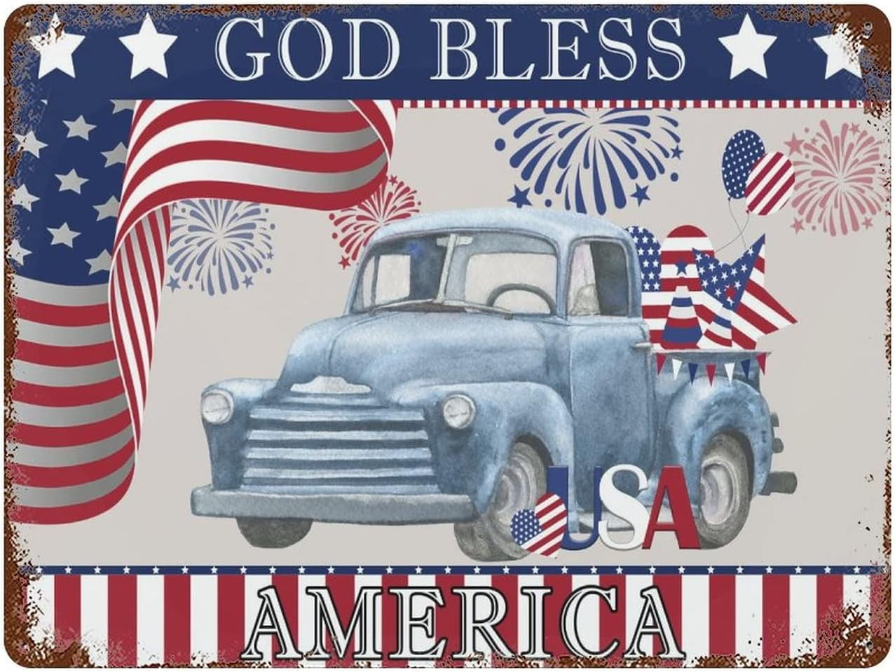 Bless America Rustic Truck Fireworks Metal Signs USA Independence Day ...