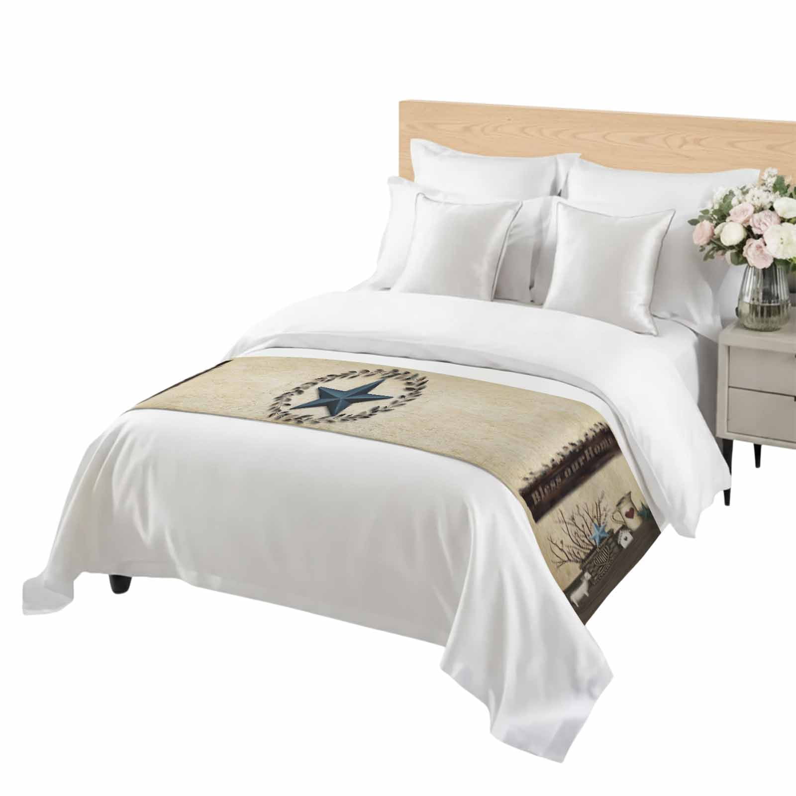 Bless Our Home Bed Runner Cal King Size Blue Star Sheep Branch Pots ...