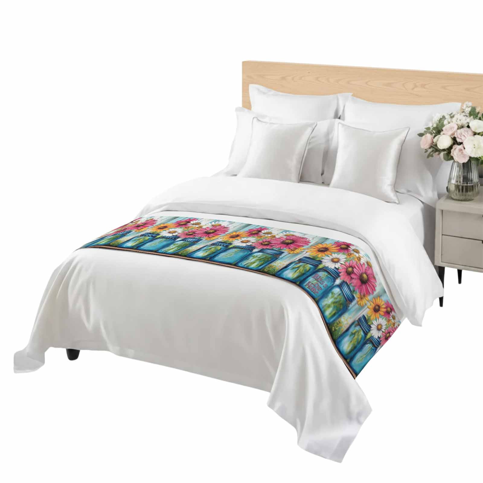 Bless Our Home Bed Runner Cal King Size Red Yellow Flowers Flowers Wood ...