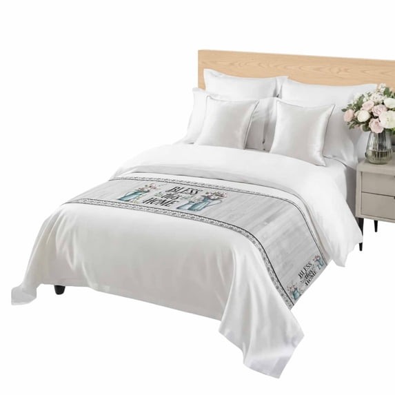 Bless This Home Bed Runner Queen Size Spring Watercolor Cotton Leaf ...
