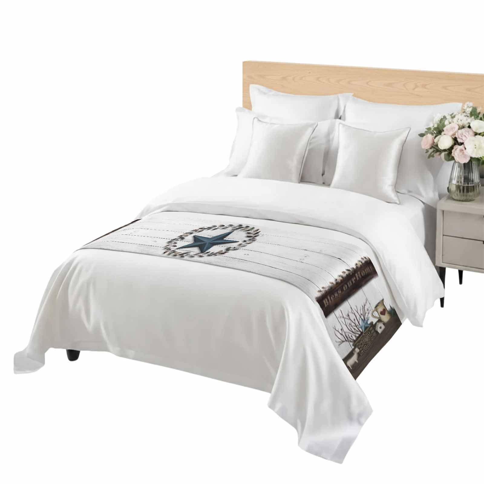 Bless Our Home Bed Runner Twin Size Blue Star Sheep Branch Pots White ...