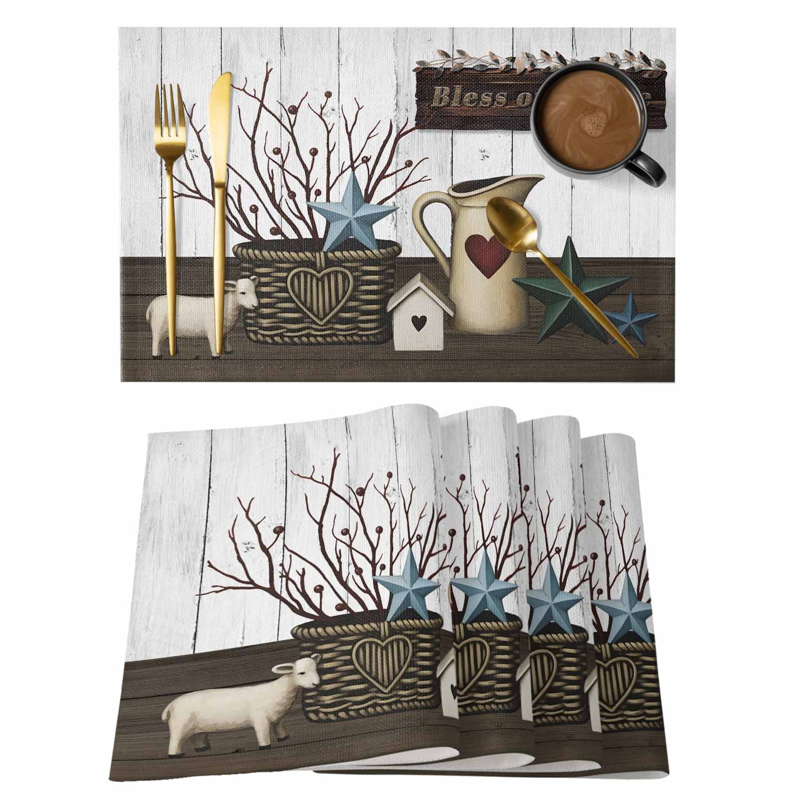 Bless Our Home Cotton Linen Placemats Set of 1, Blue Star Sheep Branch ...