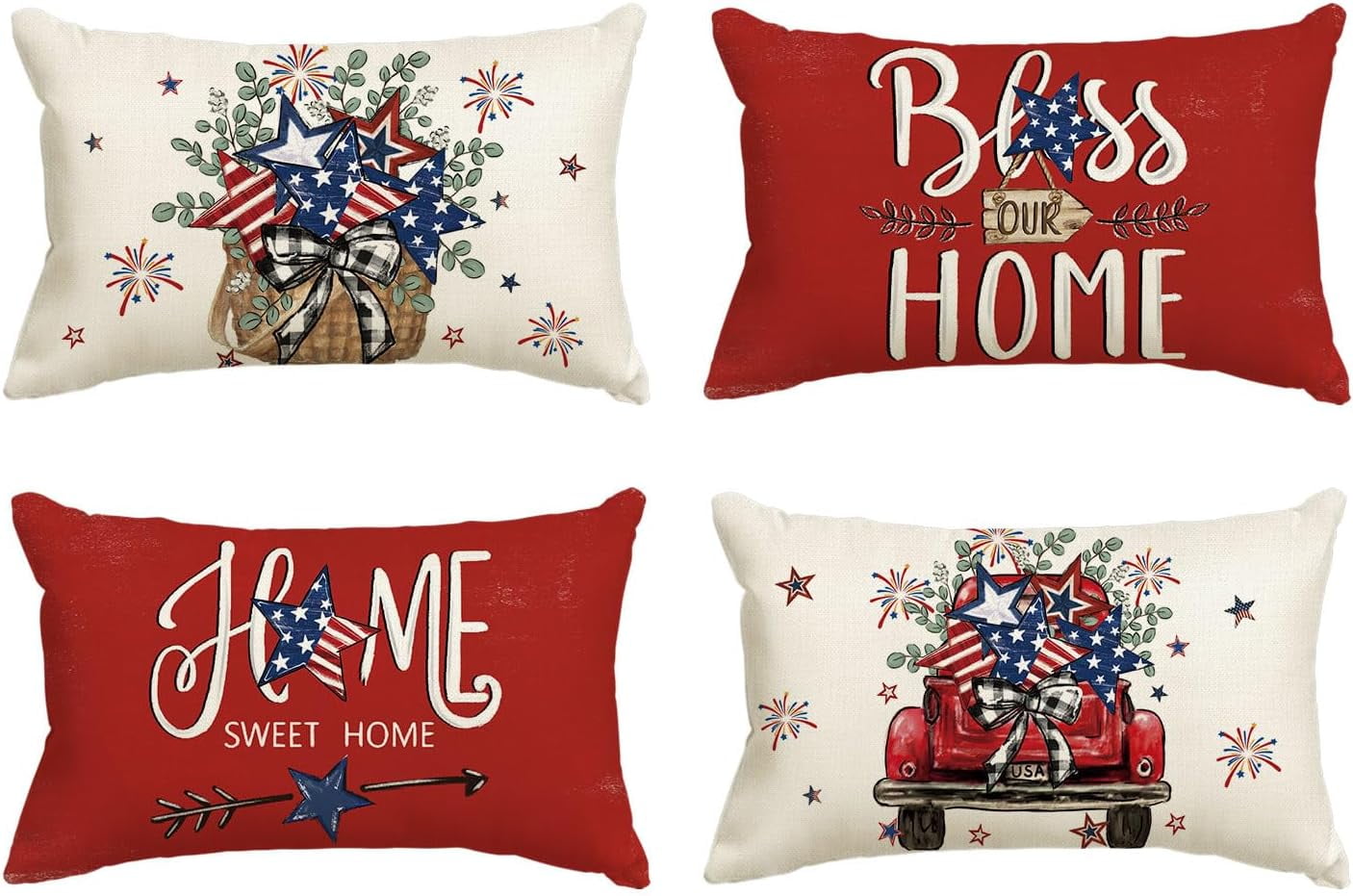 Bless Our Home Eucalyptus Stars Fireworks Car Throw Pillow Covers, 18 x 18 Inch 4th of July ...