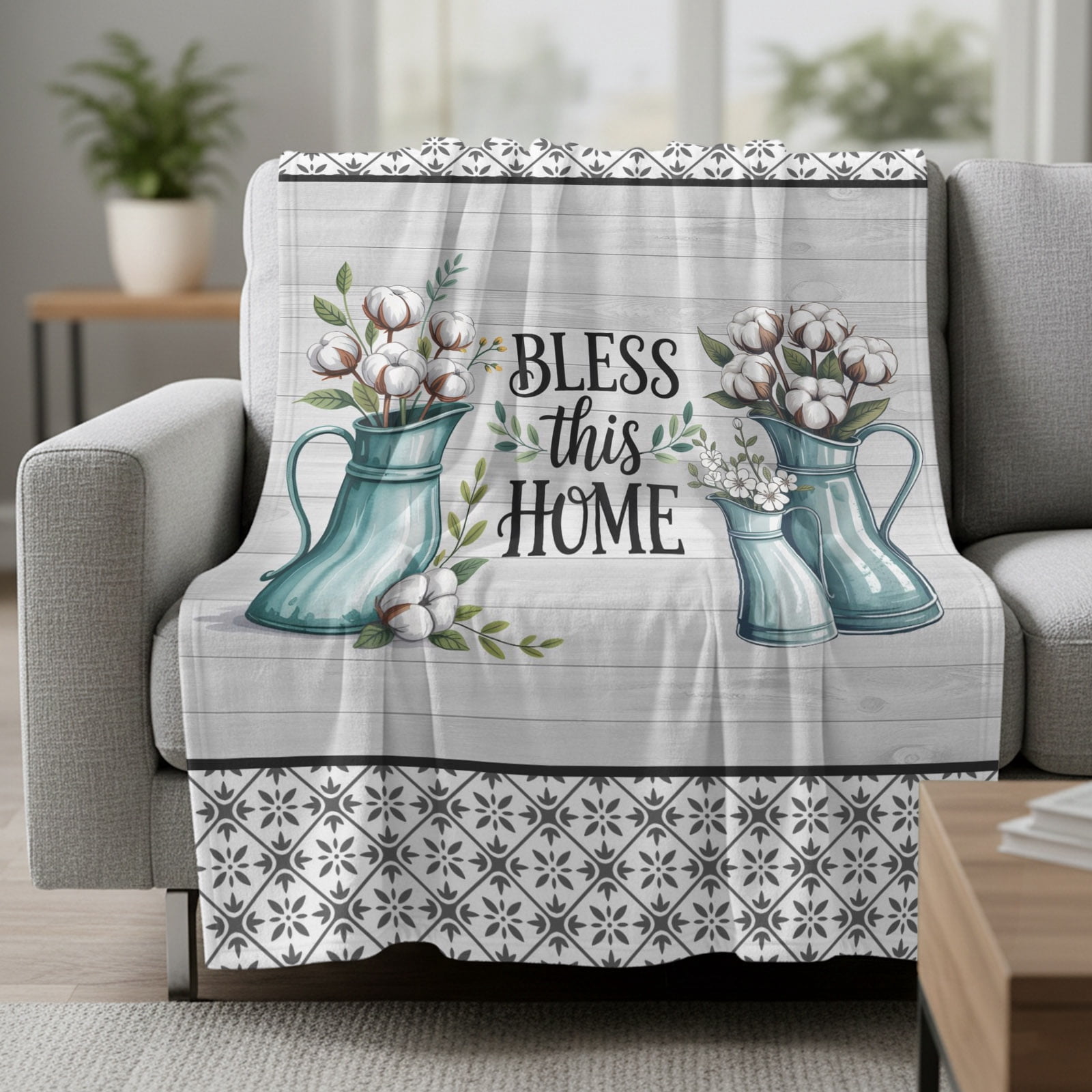Bless This Home Fleece Throw Blanket Spring Watercolor Cotton Leaf Vase ...
