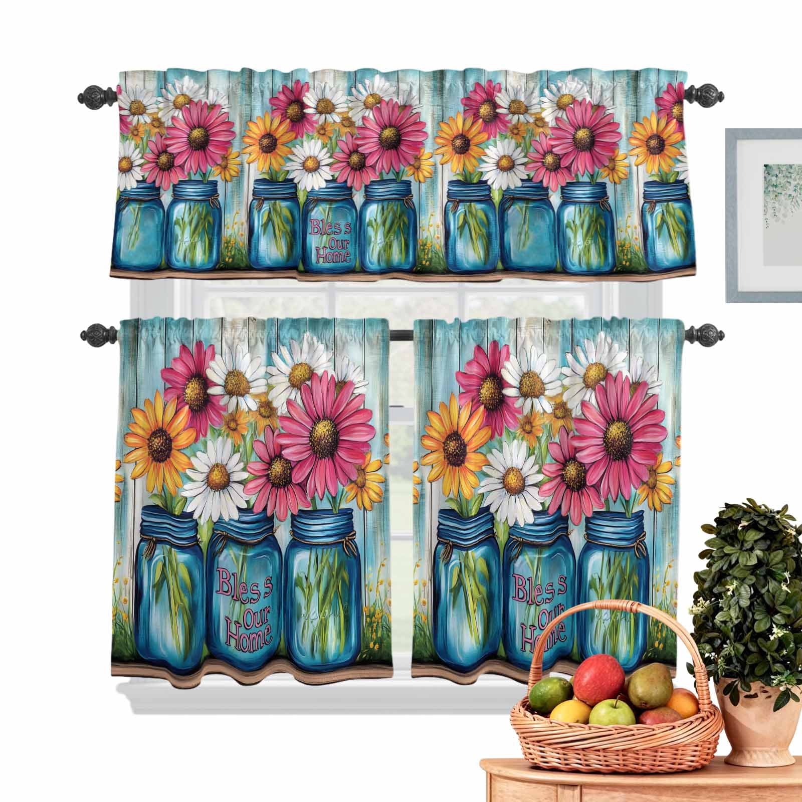 Bless Our Home Kitchen Curtains Valances 3 Piece Set, Red Yellow ...