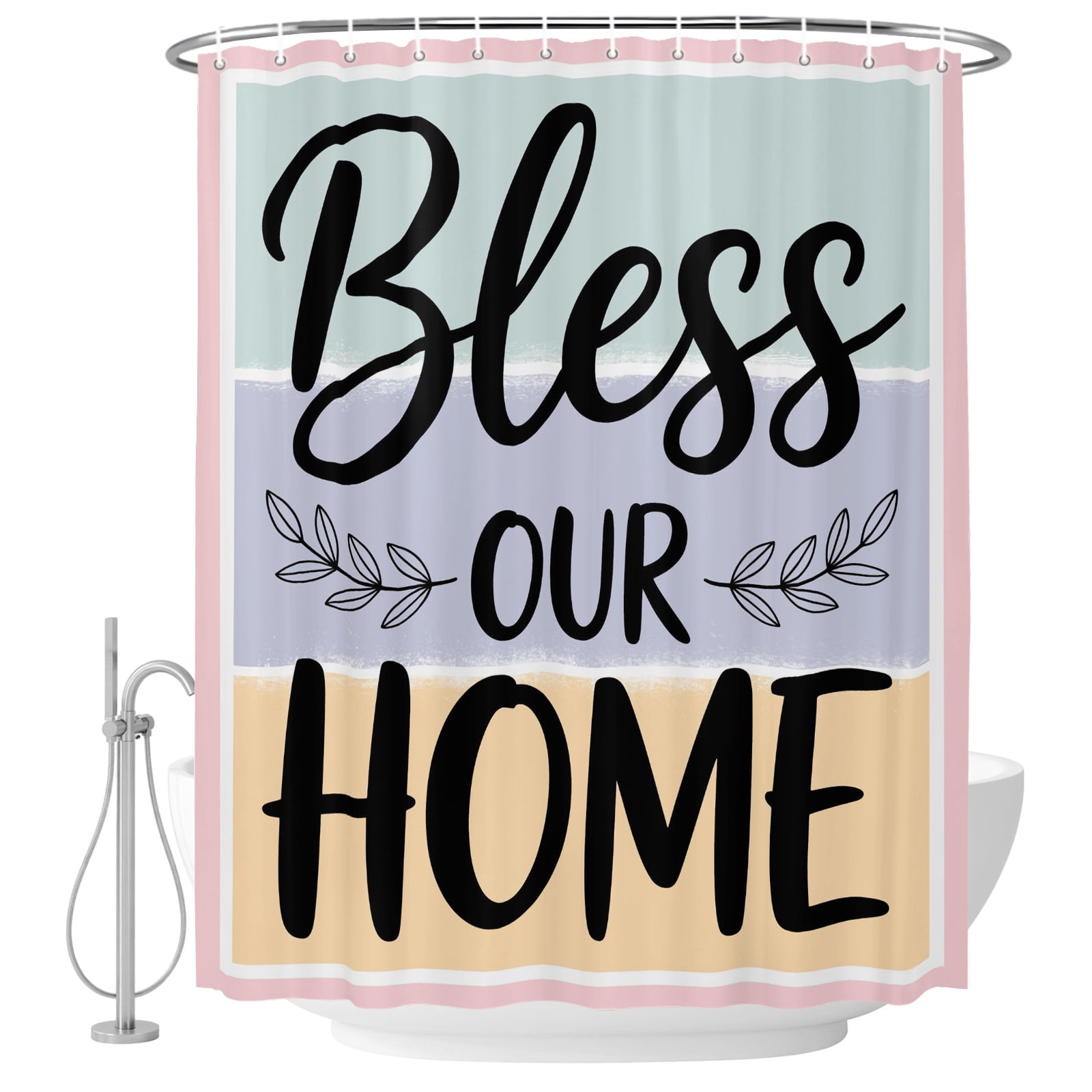Bless Our Home Shower Curtain Set with Hooks, Leaf Color Block Stripe ...