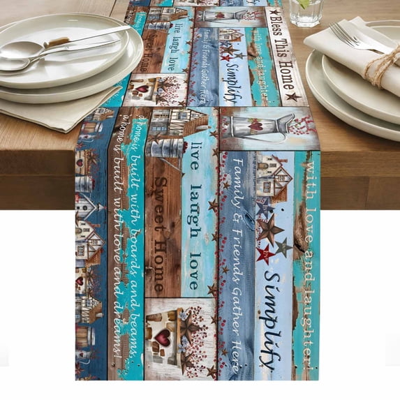 Bless This Home Table Runner, Farmhouse American Country Wood Grain ...