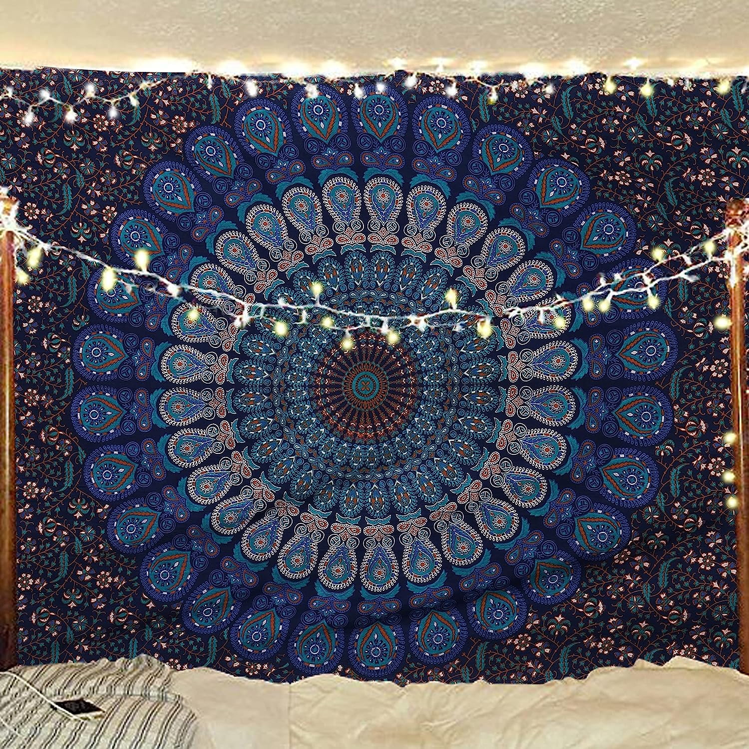 Bless International Indian Hippie Bohemian Golden Blue Peacock Mandala ...