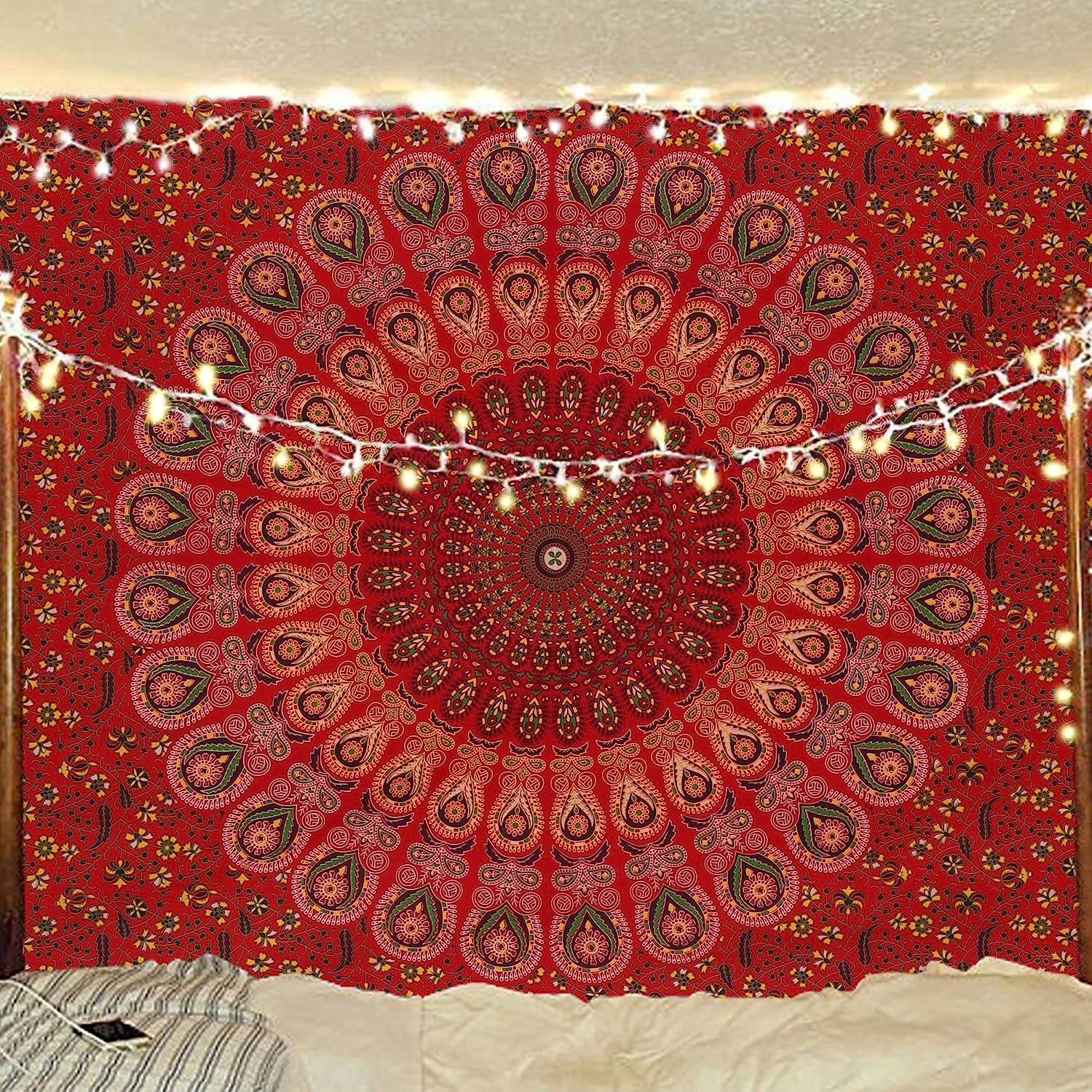 Bless International Indian Hippie Bohemian Golden Blue Peacock Mandala 54''x 72'' Tapestry ...