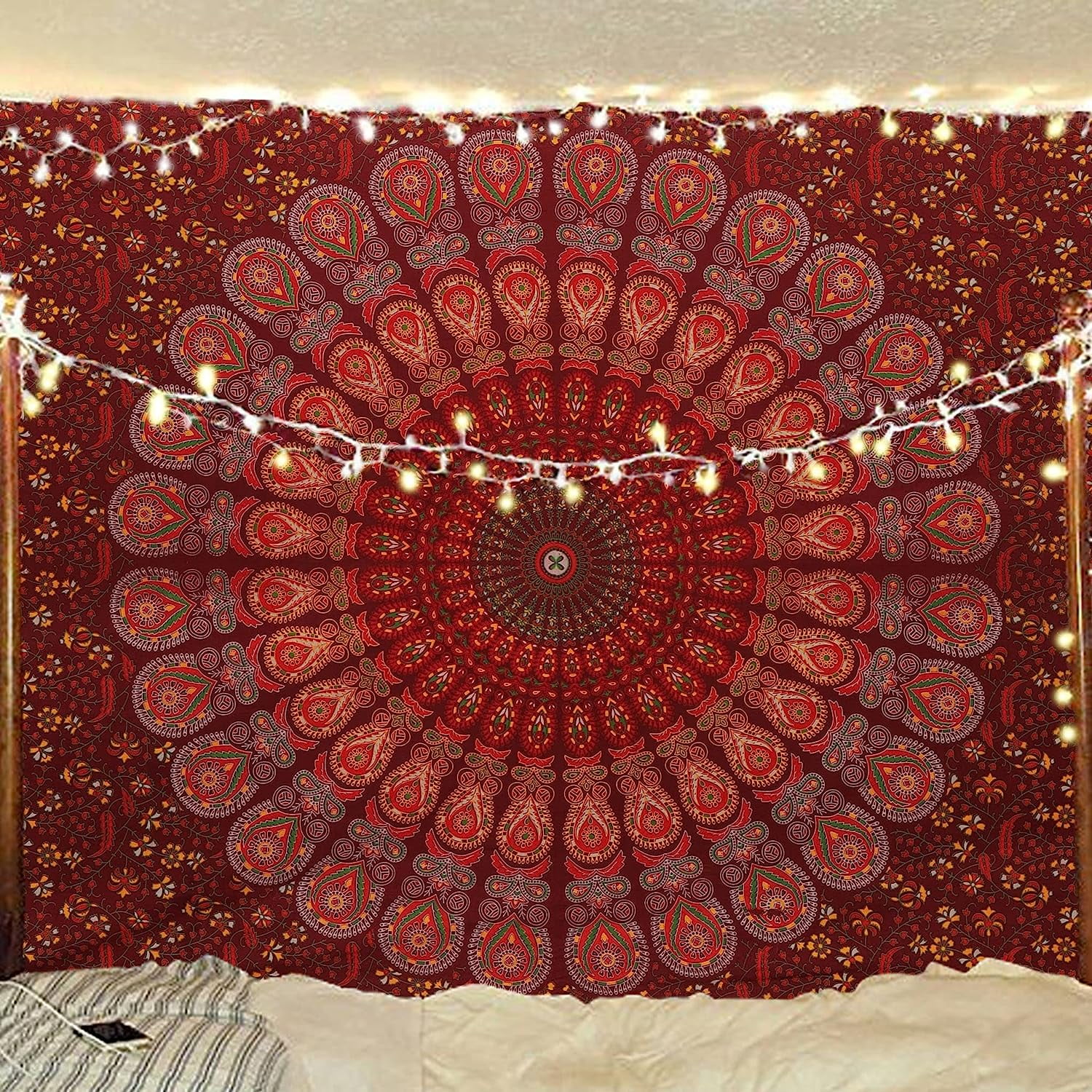 Bless International Indian hippie Bohemian Psychedelic Golden Blue Peacock Mandala Wall hanging ...