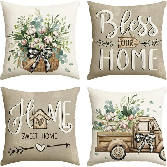 Bless Our Home Farmhouse Eucalyptus Leaves Throw Pillow Covers, 16 x 16 ...