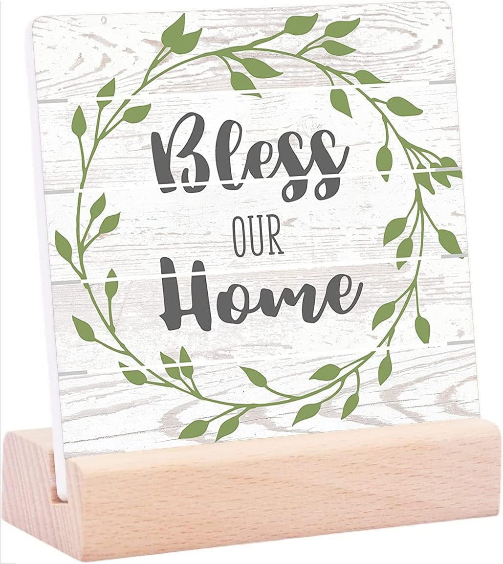 Bless Our Home Floral Wreath Tabletop Sign Ceramic Table Plaque with ...
