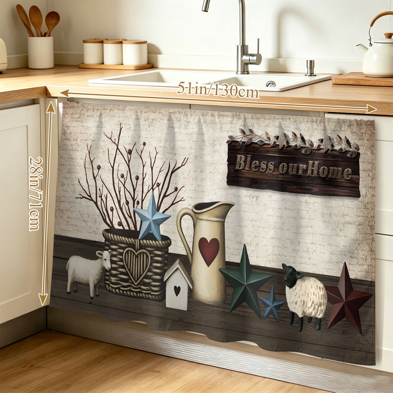 Bless OurHome Cabinet Curtain 28"W x 51"L, Farmhouse Pots Texas Stars ...
