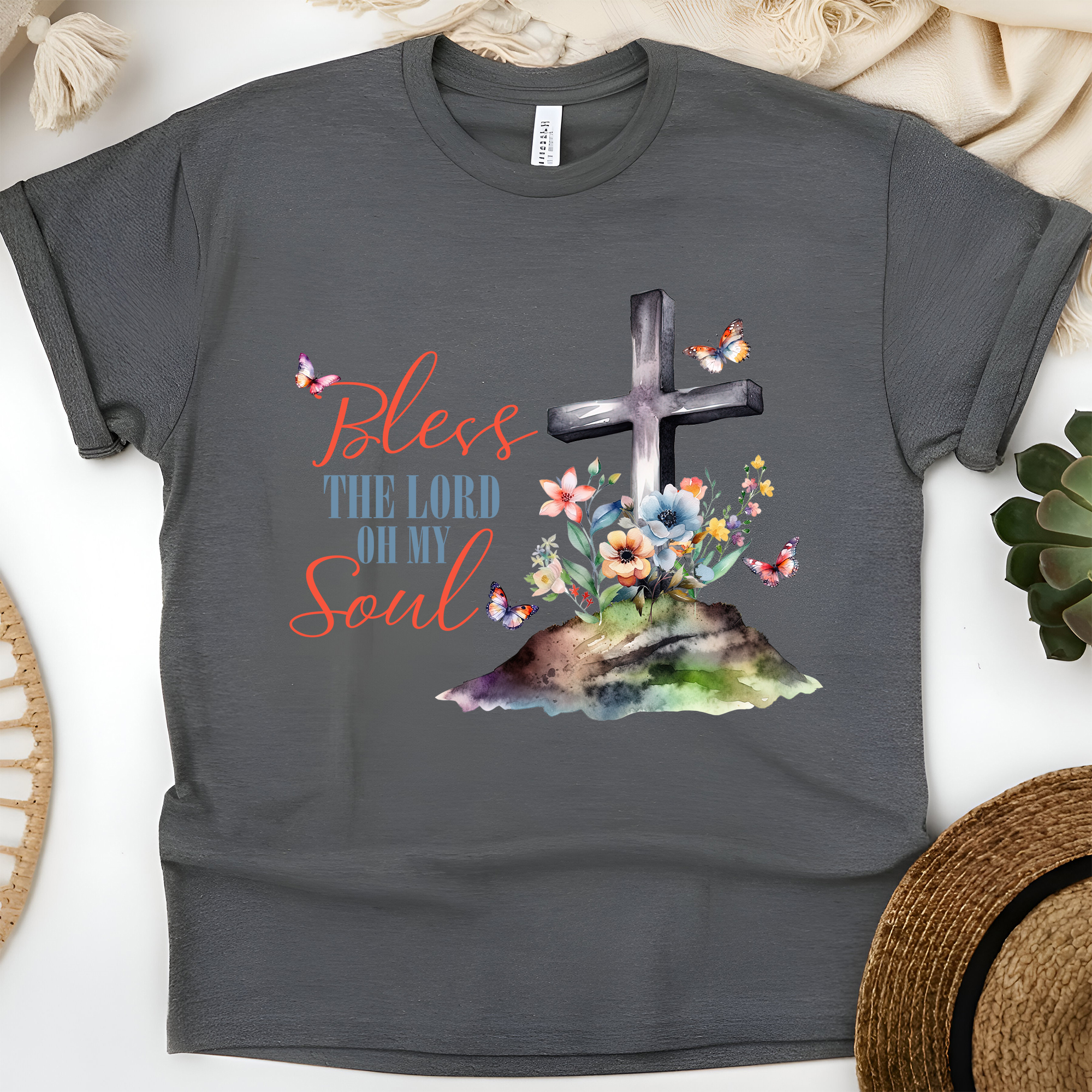 Bless The Lord Oh My Soul Christian Cross T-Shirt with Floral Design ...