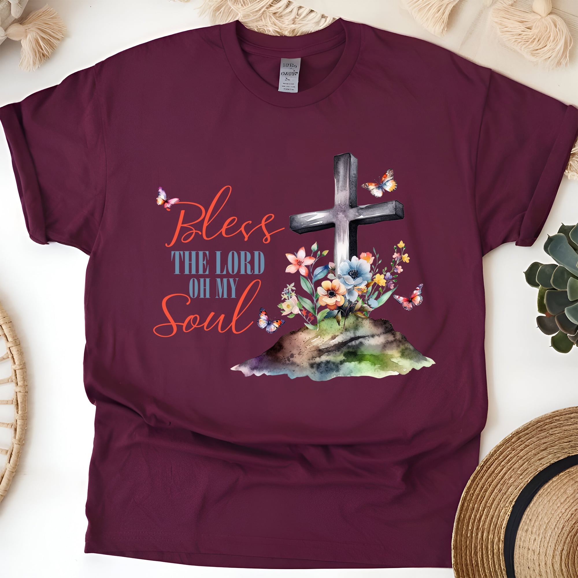 Bless The Lord Oh My Soul Christian Cross T-Shirt with Floral Design for Women, Maroon, Size L ...
