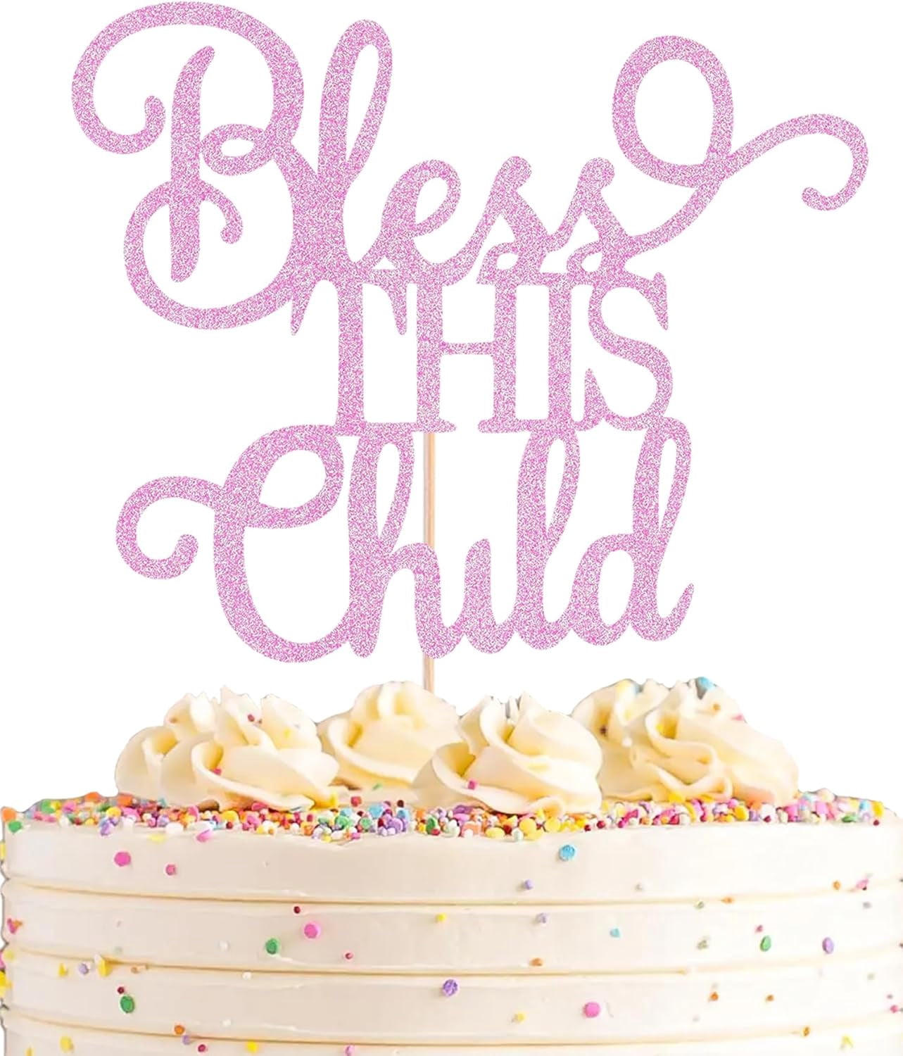 Bless This Child Cake Topper, Pink Glitter Cursive Cake Pick for Baby ...