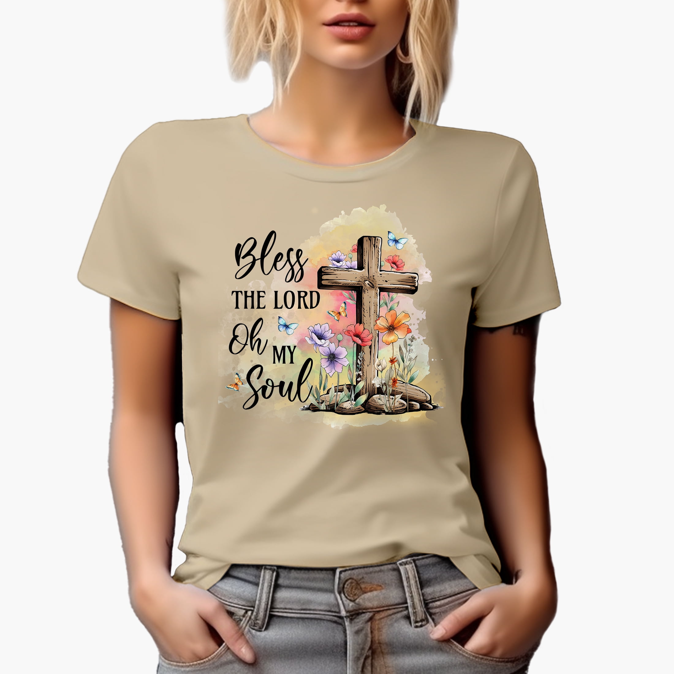 Bless the Lord Oh My Soul with Cross & Flowers Art Merch Gift, Tan T ...