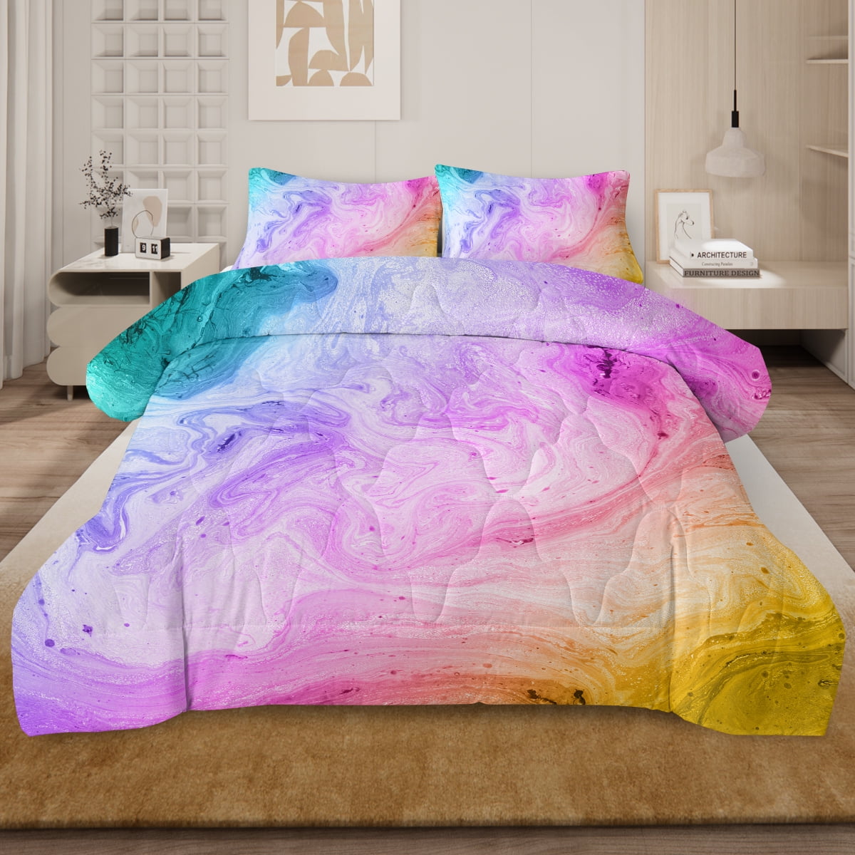 BlessLiving 3 Piece Colorful Comforter Set Marble Pattern Pastel ...