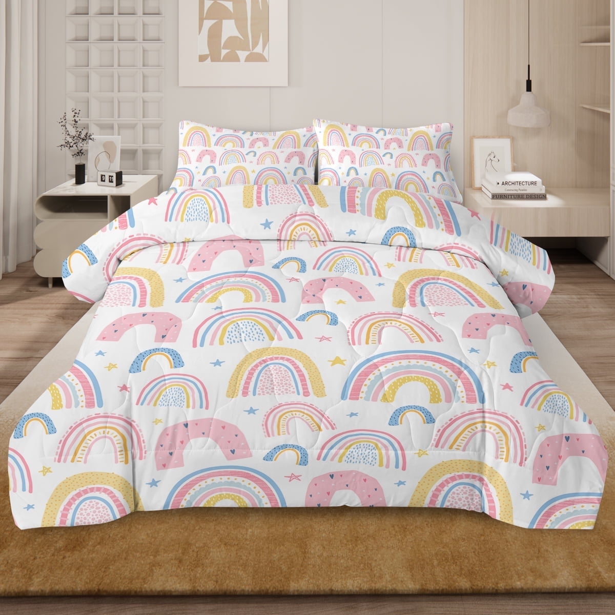 BlessLiving 3 Piece Pink Rainbow Comforter Set Twin, Multicolor Cute ...