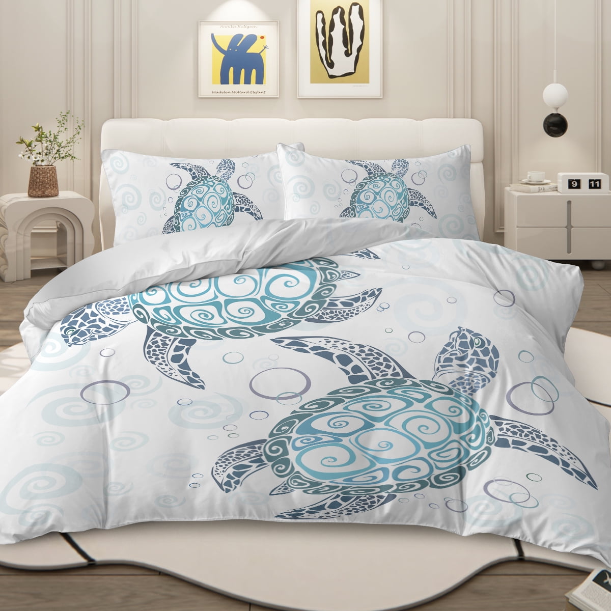 BlessLiving 3Pcs Turtle Duvet Cover Set Full for Adult White Bedding ...