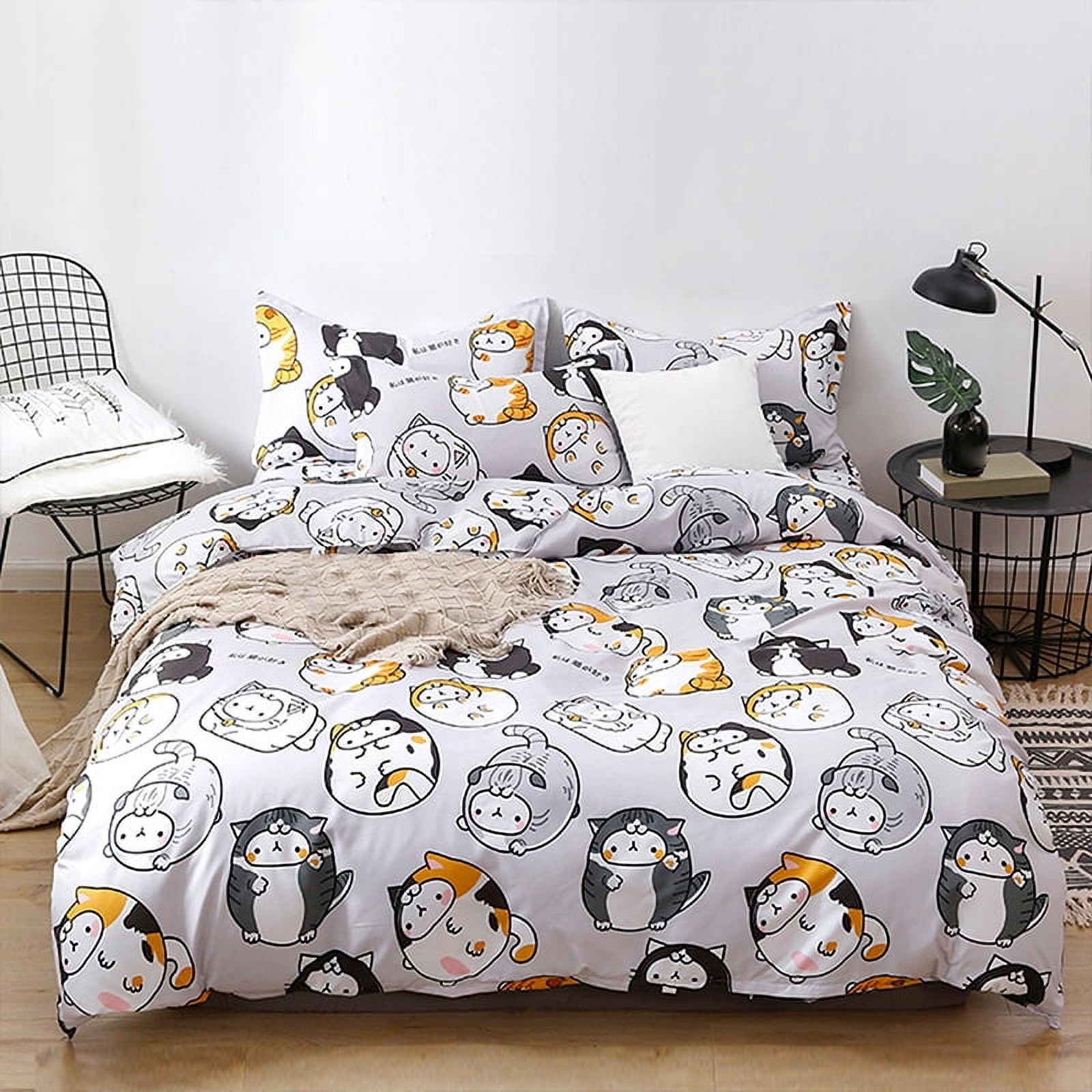 BlessLiving 3Pcs Cute Cat Duvet Cover Set King, Gray Cartoon Bedding ...
