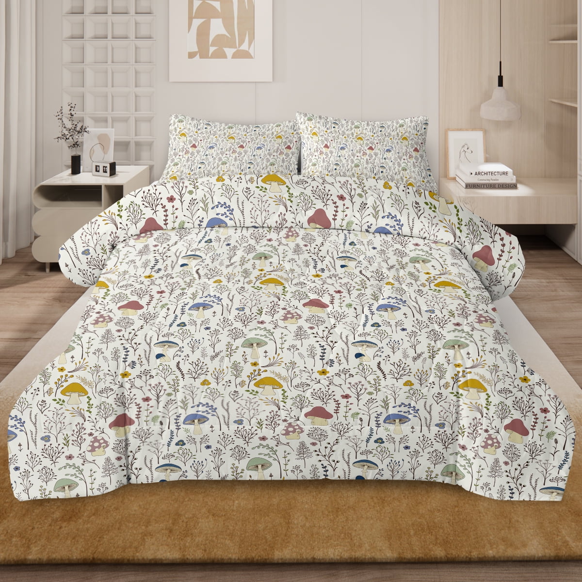 BlessLiving 3Pcs Mushroom Comforter Set Twin, Botanical Print Bedding ...