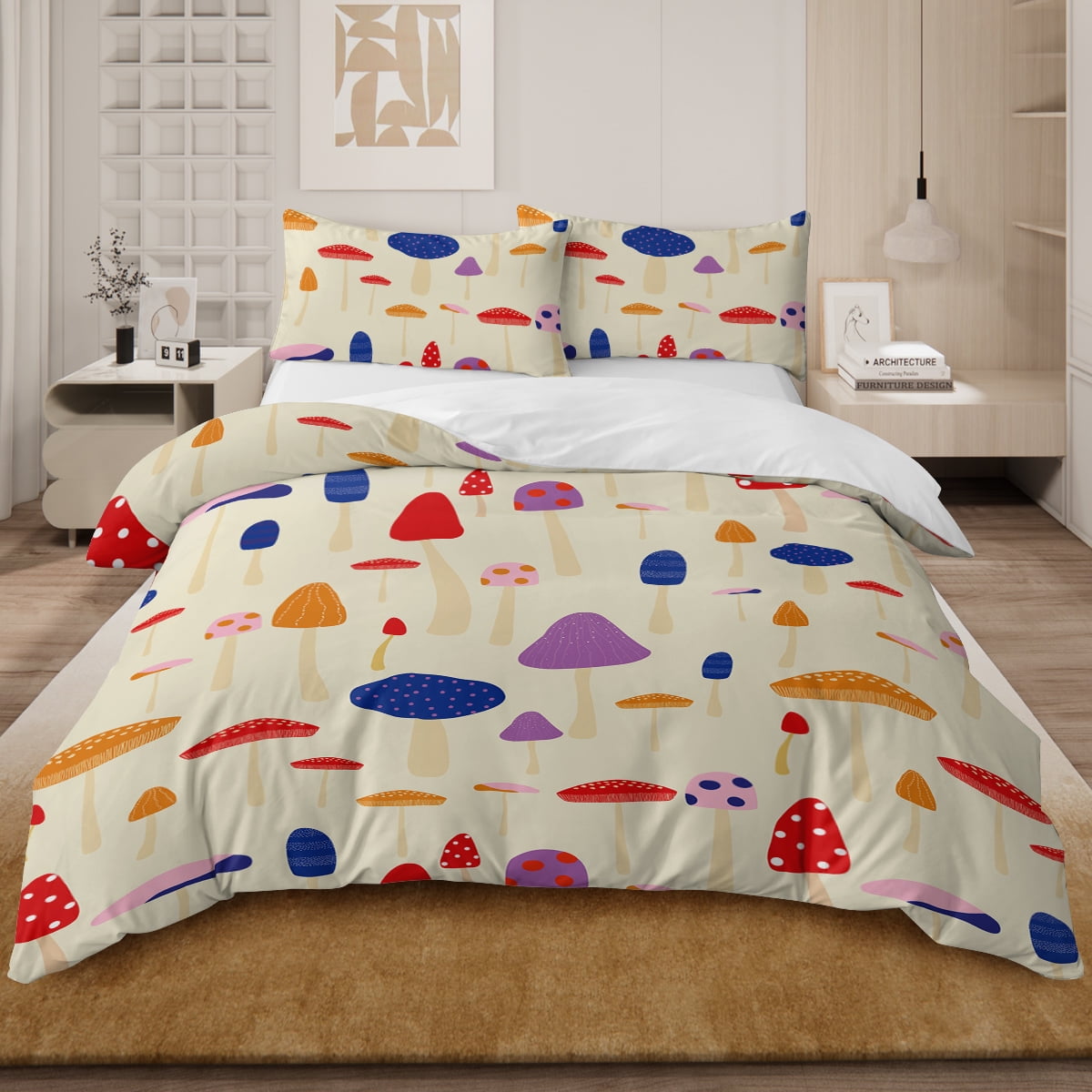 BlessLiving 3Pcs Mushroom Duvet Cover Set Full Bed Set Beige Bedding ...