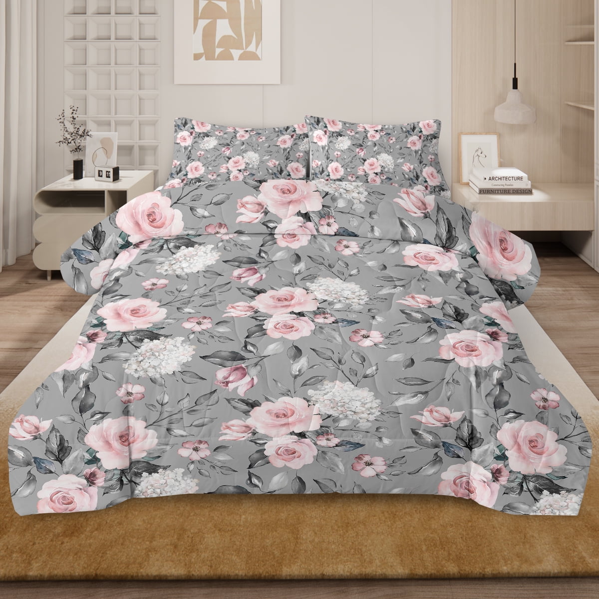 BlessLiving 3Pcs Pink Flower Full Size Comforter Set, Floral Print ...