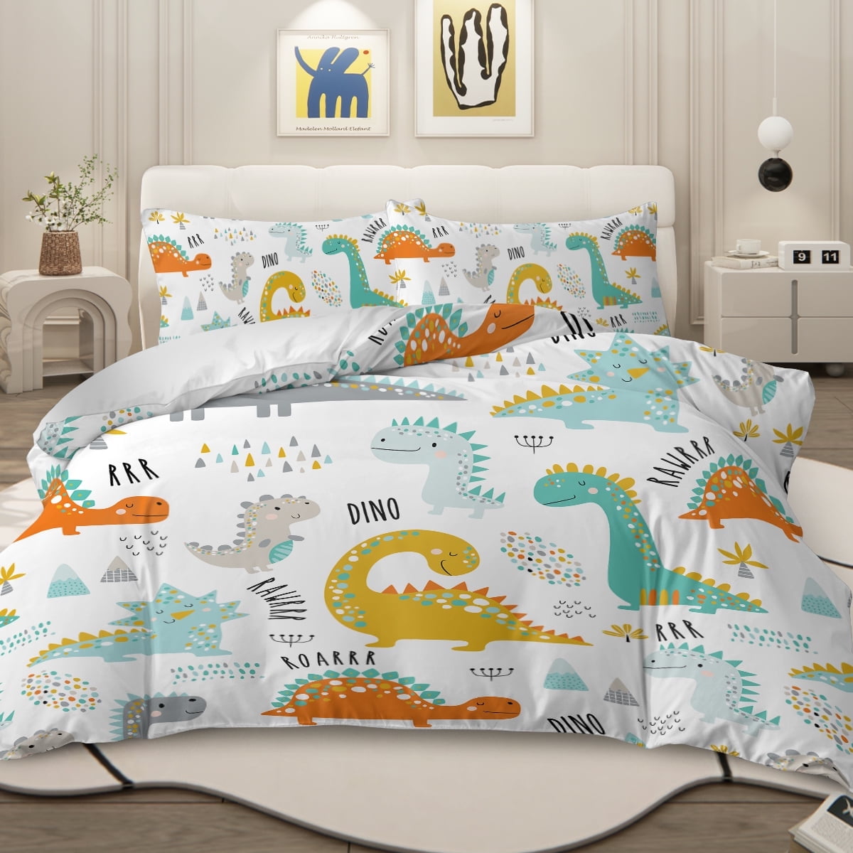 BlessLiving Dinosaur Duvet Cover Sets for Boys King Bed, 3Pcs White Printed Bedding Set Quilt ...