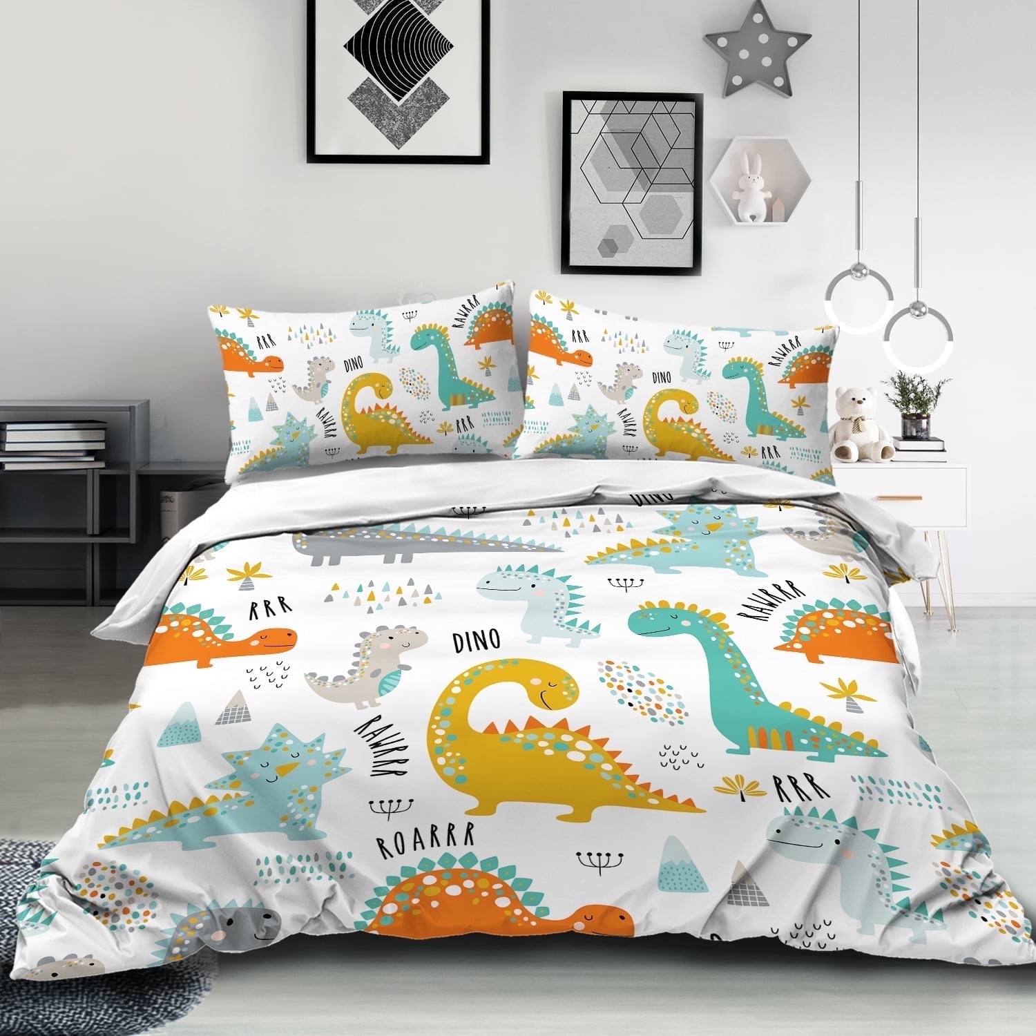 BlessLiving Dinosaur Duvet Cover Sets for Boys Twin Bed, 3Pcs White Printed Bedding Set Quilt ...