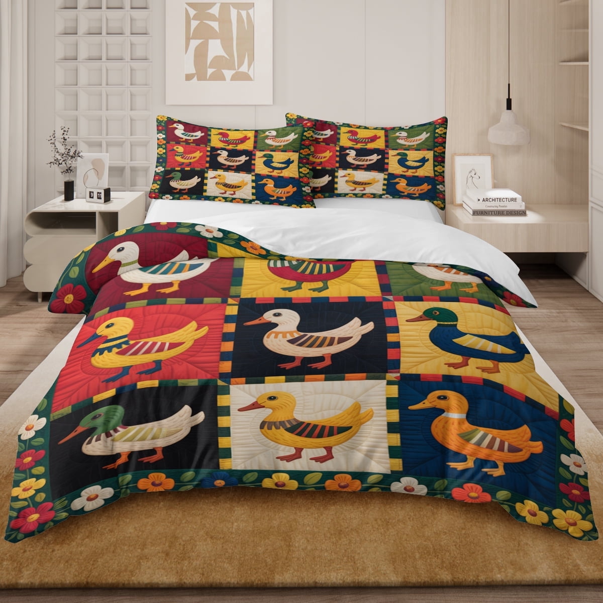 BlessLiving Duvet Queen Cover for Kids, Ducks Grid Bedding Set- Floral ...