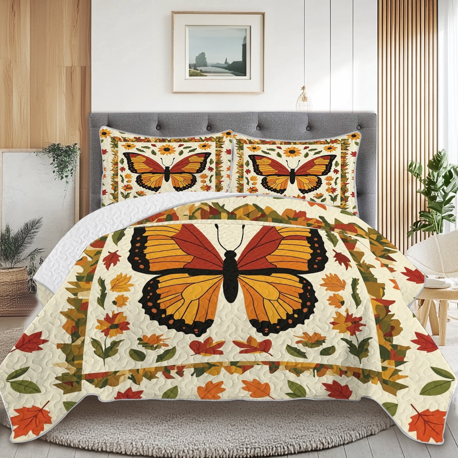 BlessLiving Floral Quilt Set Full/Queen Size, Butterfly Bedspread ...