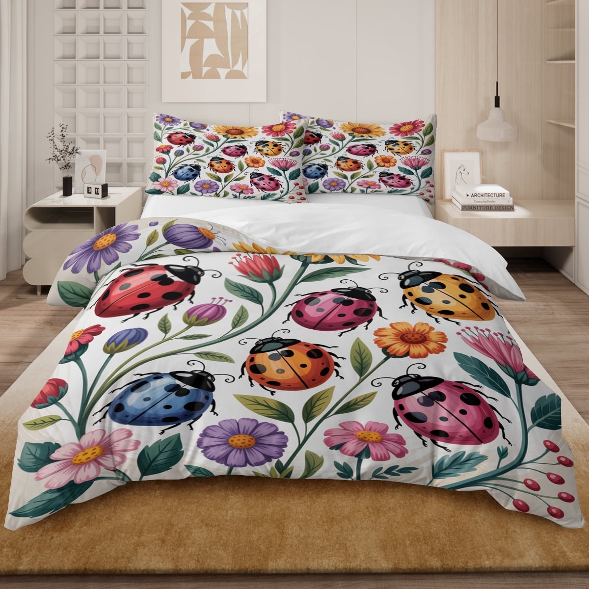 BlessLiving Soft Duvet Cover Queen for Kids, Floral Ladybugs Bedding ...