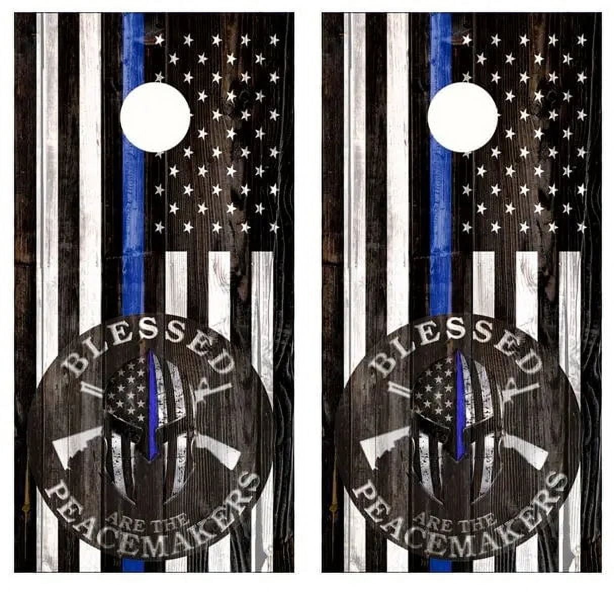 Blessed Are The Peacemakers Blue Line Flag Cornhole Wood Board Skin ...