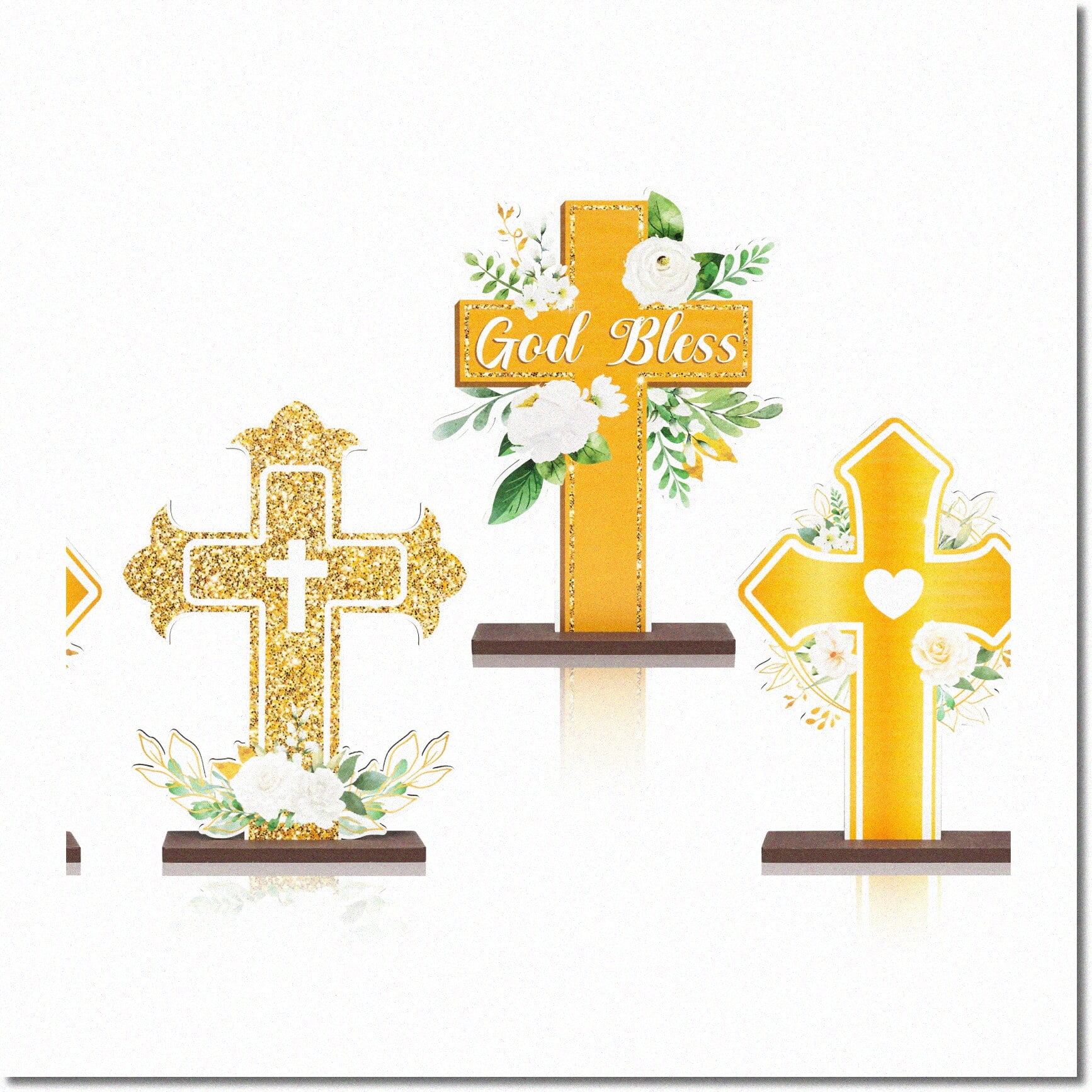 Blessed Blooms Tabletop Trio: Glittery Gold Crosses with Removable ...