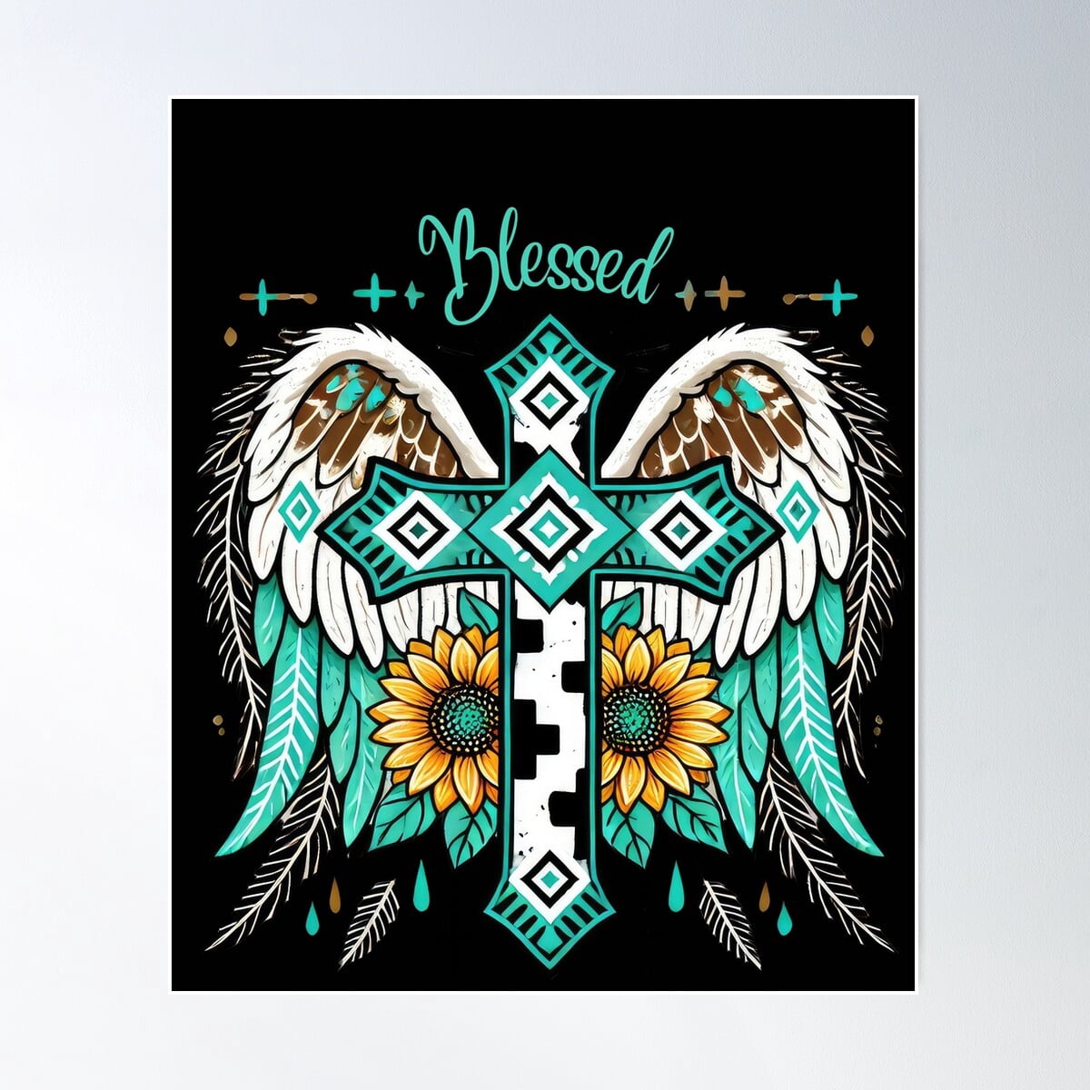Blessed, Cross,Wings, And Sunflowers Poster Wall Art, Modern Wall Decor ...